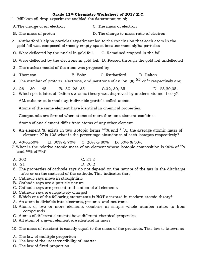 Grade 11th Chemistry Worksheet of 2017 E | PDF | Photoelectric Effect ...
