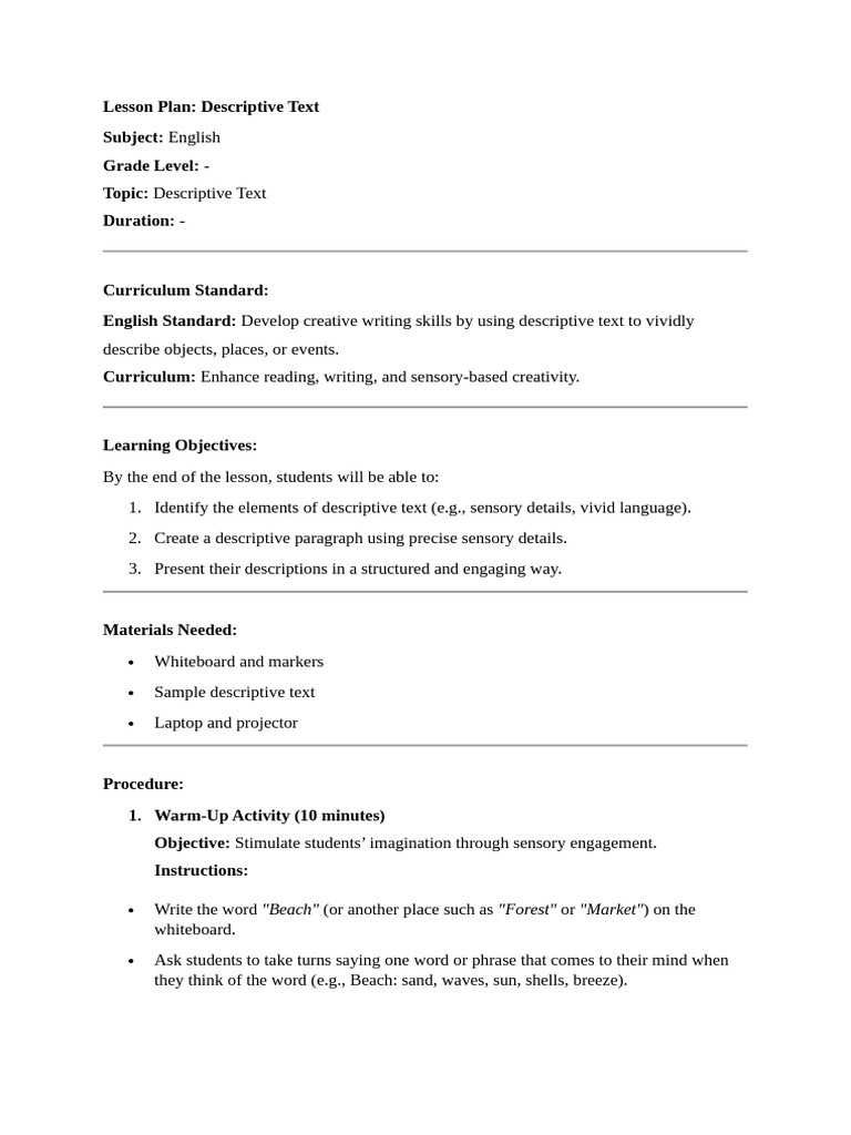 Lesson Plan Descriptive Text | PDF | Lesson Plan | Perception
