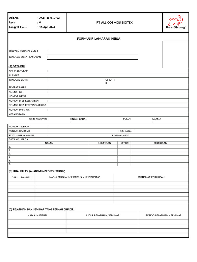 Formulir Lamaran Kerja Kosongan | PDF