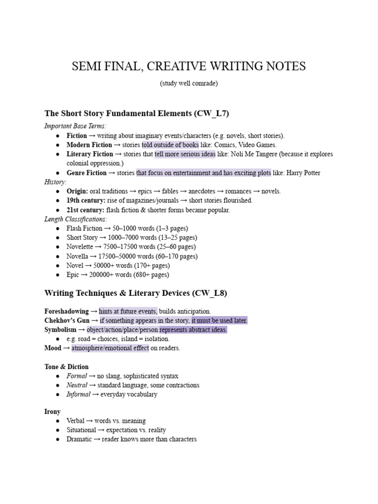 Semi Final Creative Writing Notes | PDF | Narration | Short Stories