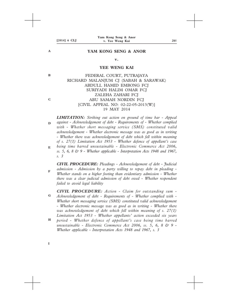 Yam Kong Seng FC 2014 - 6 CLJ - 285 | PDF | Court Of Appeal Of ...