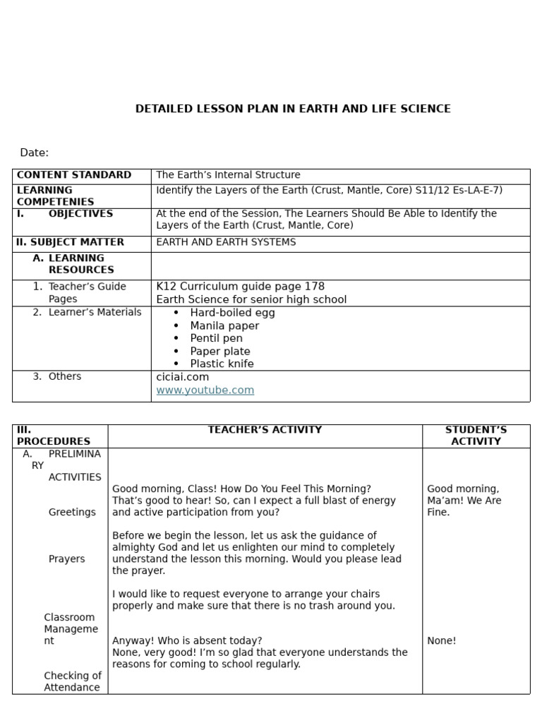 Earth Layers Lesson Plan for Students | PDF | Geology | Structure Of ...