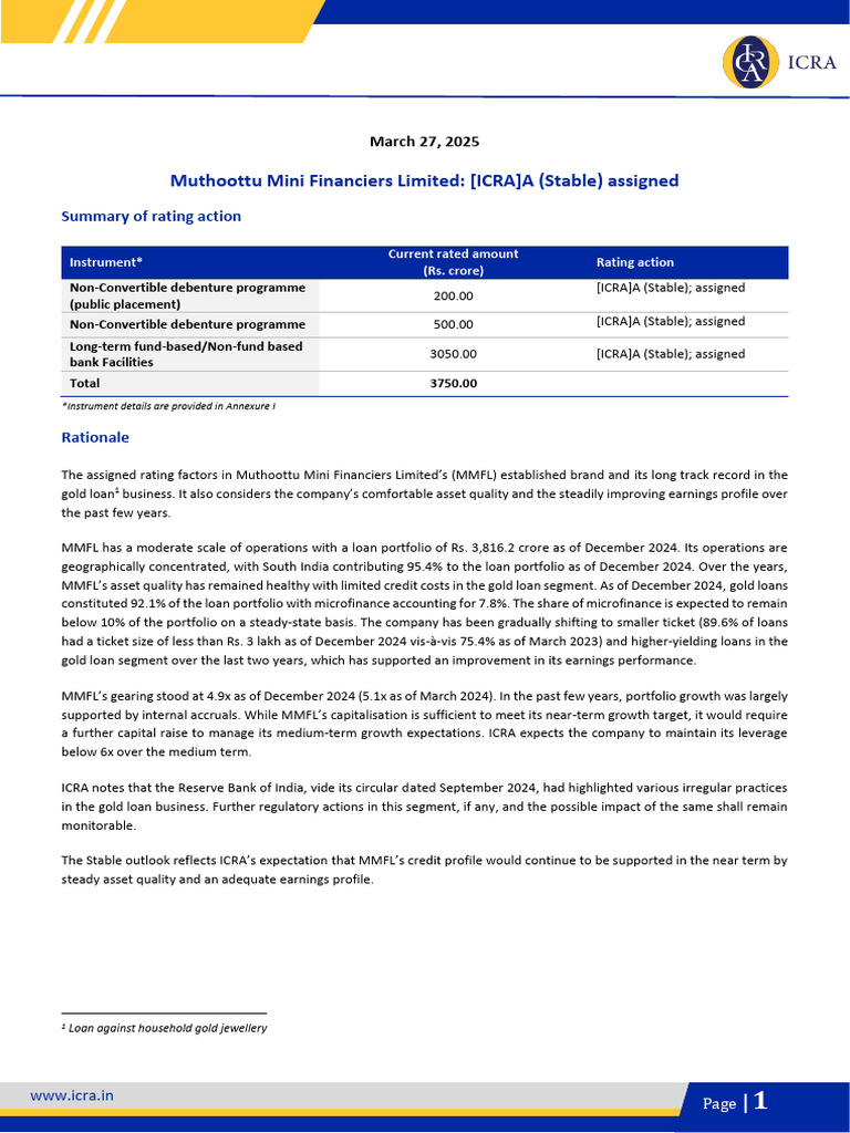 Muthoottu Mini Financiers Rating Update | PDF | Microfinance | Loans