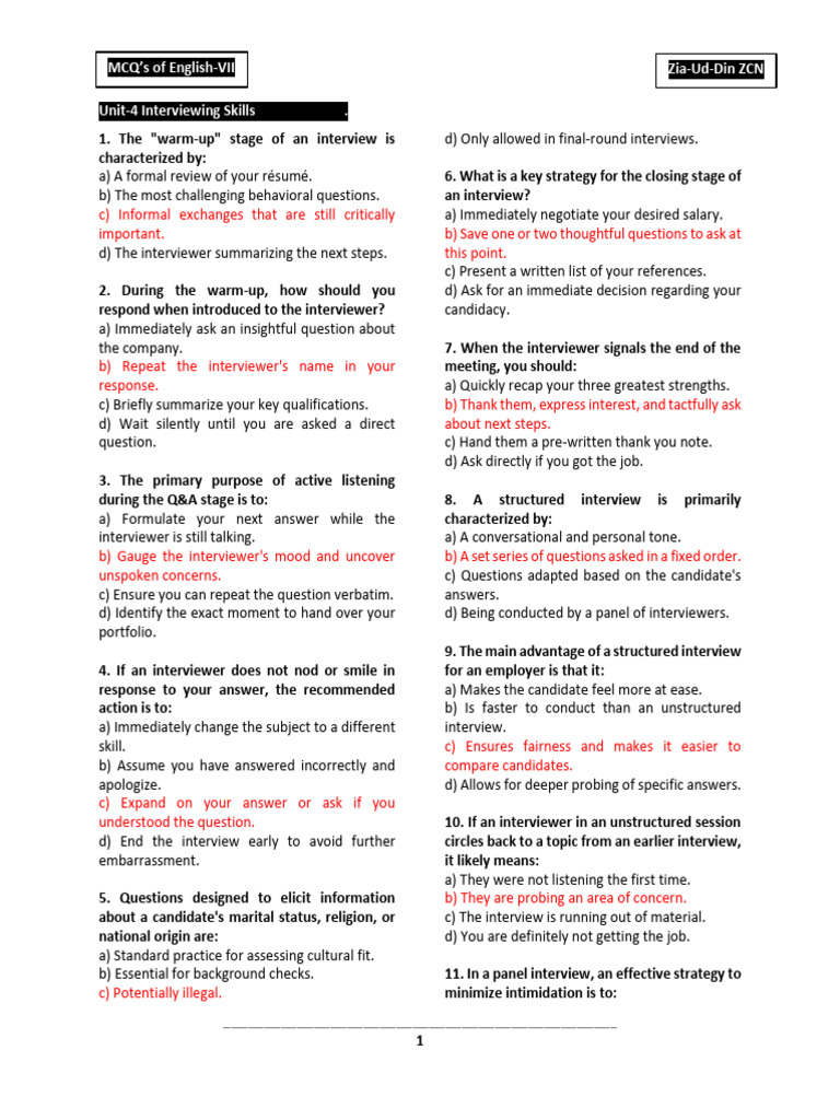 MCQ's of English-VII Unit-4 Interviewing Skills | PDF | Interview | Multiple Choice