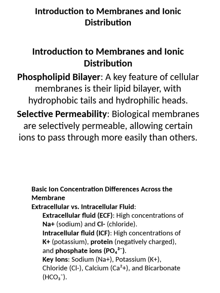 Introduction to Membranes and Ionic Distribution 1 | PDF | Action Potential | Membrane Potential
