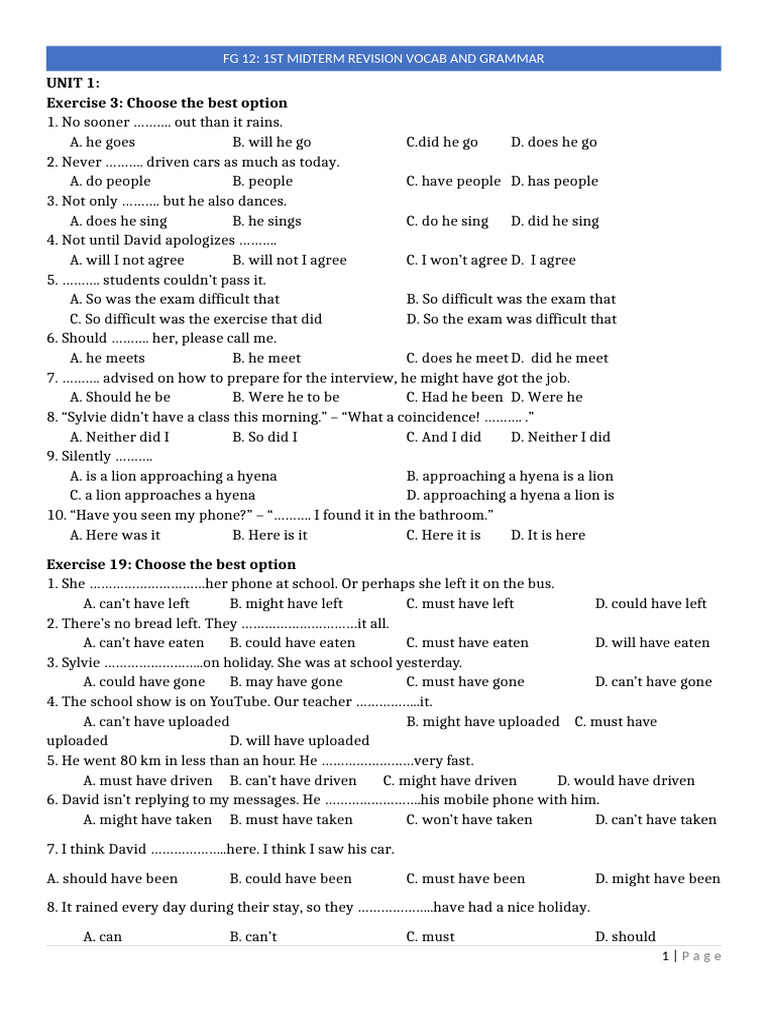 Unit 1 + 2 Midterm Multiple Choice and Wordform | PDF