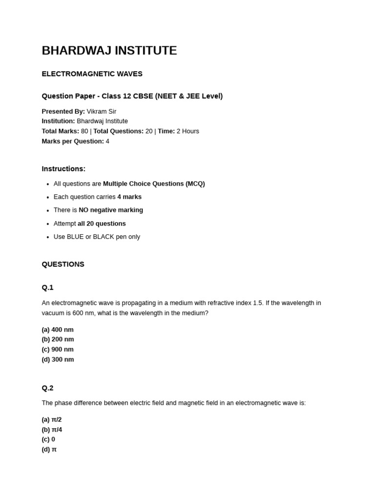 EM Waves Question Paper 80marks | PDF | Electromagnetic Radiation | Waves