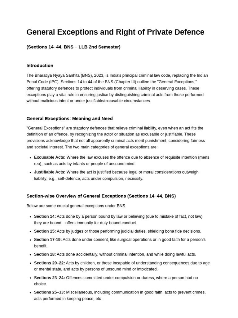 General Exceptions in BNS: Sections 14-44 | PDF | Crimes | Crime & Violence