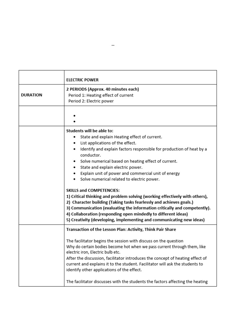 Heating Effect of Current Lesson Plan | PDF | Electric Power | Heat
