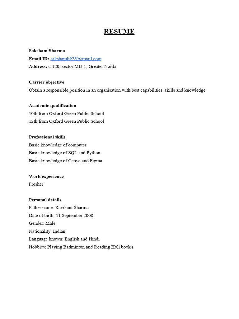 Resume: Saksham Sharma Email ID: Address | PDF