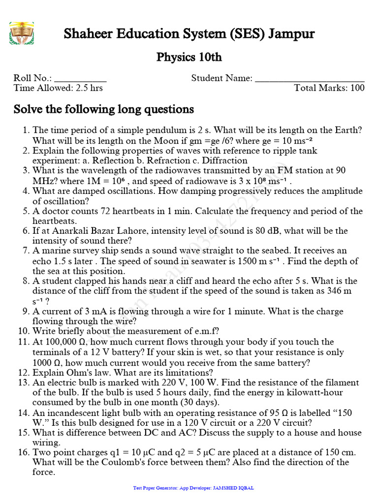 10th Grade Physics Exam Questions | PDF | Capacitor | Capacitance