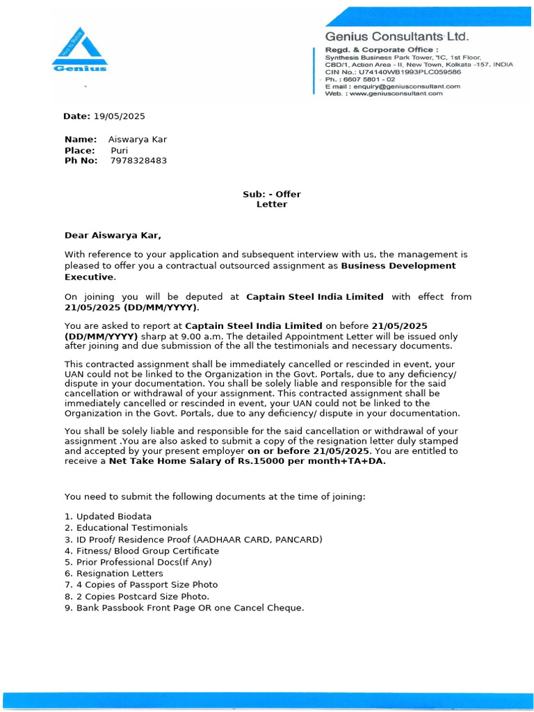Offer Letter Captain Steel | PDF
