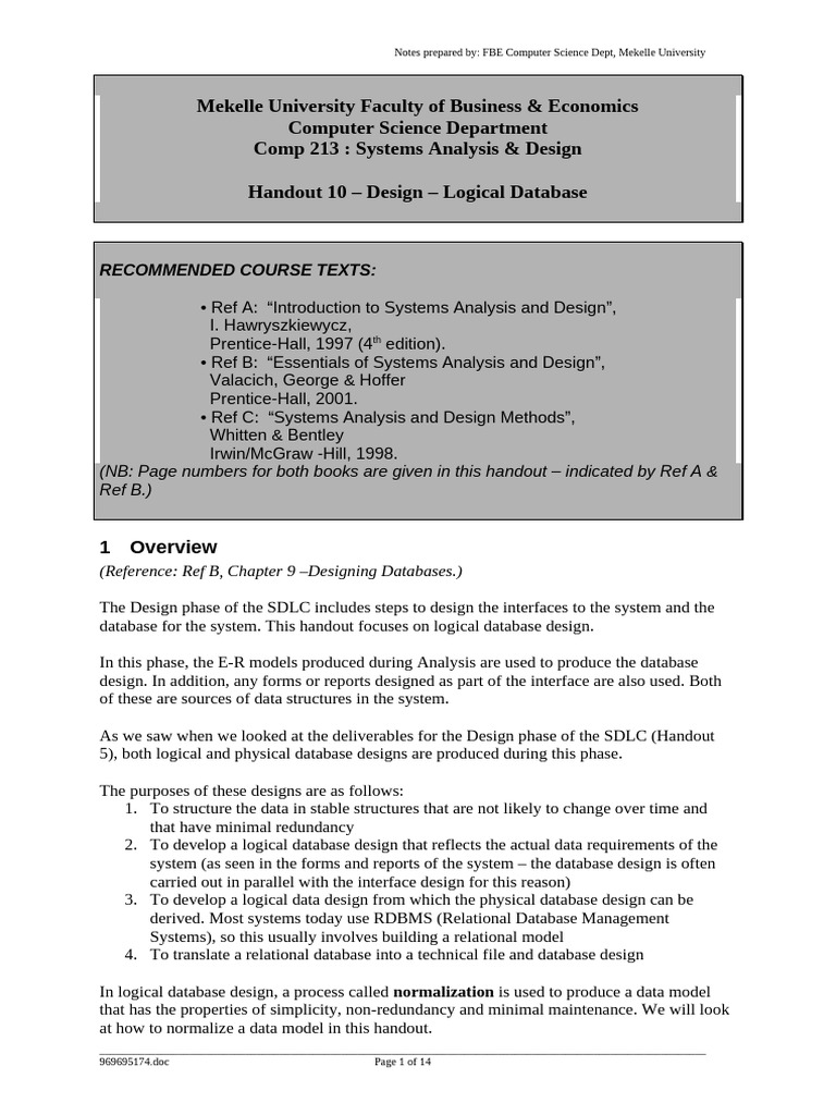 SAD Handout 10 - Design - Logical Database | PDF | Relational Database | Databases