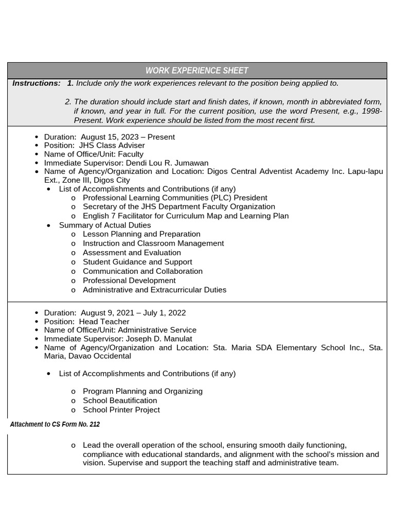 Work Experience Sheet-GENNIE2 | PDF | Education Theory | Teaching