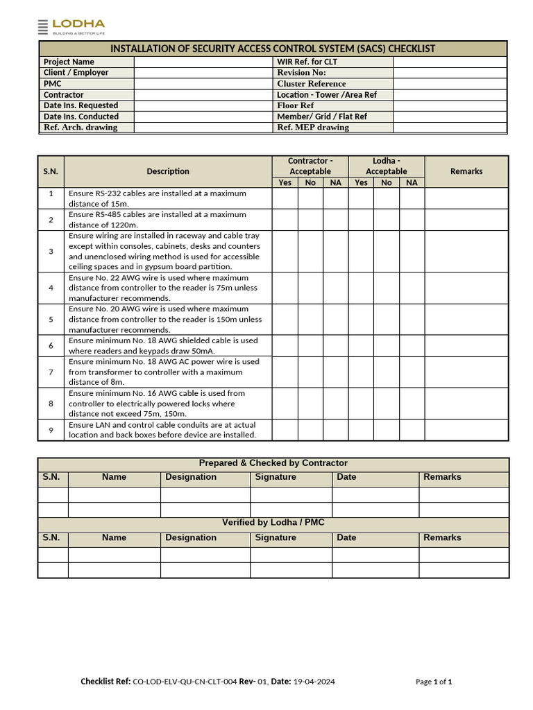 MEP-ELV-Intsallation of Security Access Control System Checklist | PDF ...