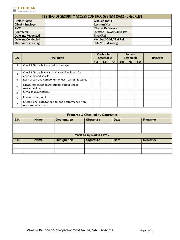 8. MEP-ELV-Testing of Security Access Control System Checklist | PDF