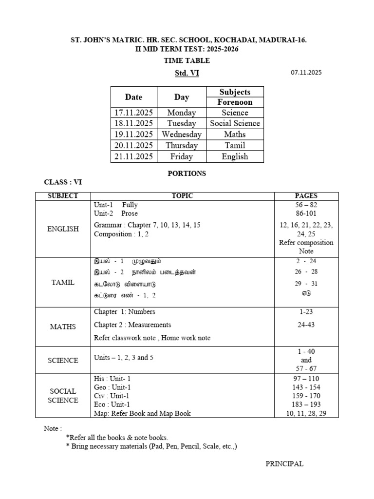 II Mid Term Test Portions Std. Vi | PDF