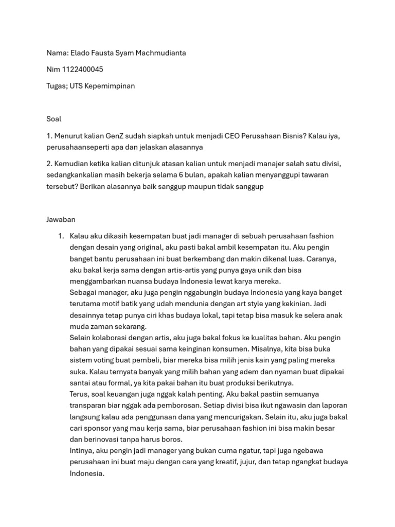 UTS Kepemimpinan Elado Fausta 1122400045 | PDF