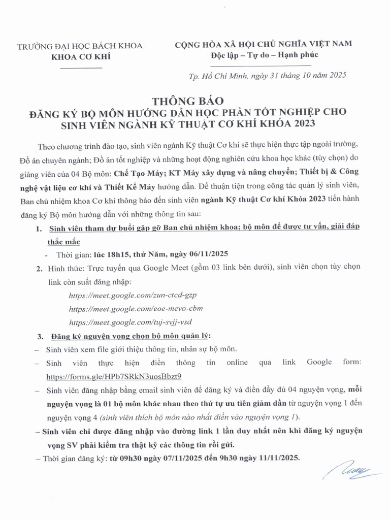 2025.10.31 - Thong Bao Dang Ky Bo Mon Huong Dan SV KTCK K2023 | PDF
