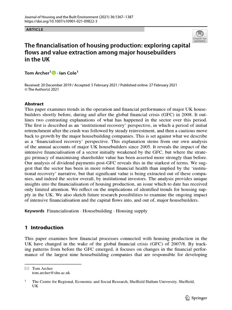 Archer-Cole2021 Article TheFinancialisationOfHousingPr | PDF | Dividend ...