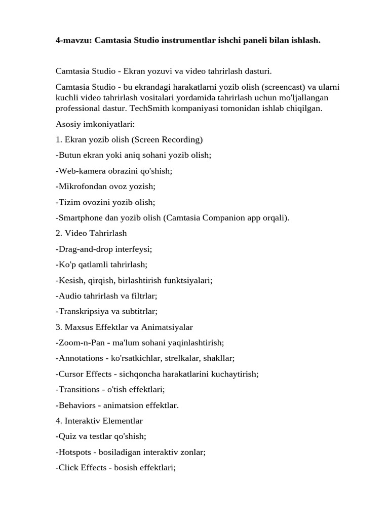 5-Ish - Camtasia Studio Instrumentlar Ishchi Paneli Bilan Ishlash | PDF