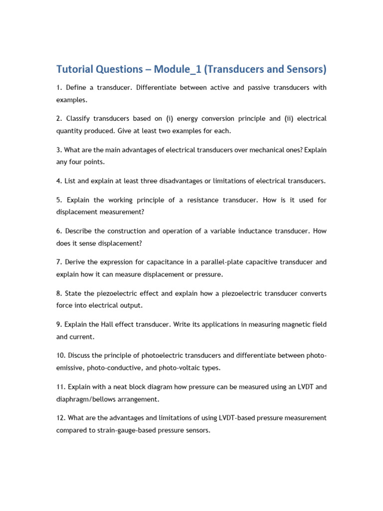 Tutorial Questions - Module 1 - Transducers and Sensors | PDF