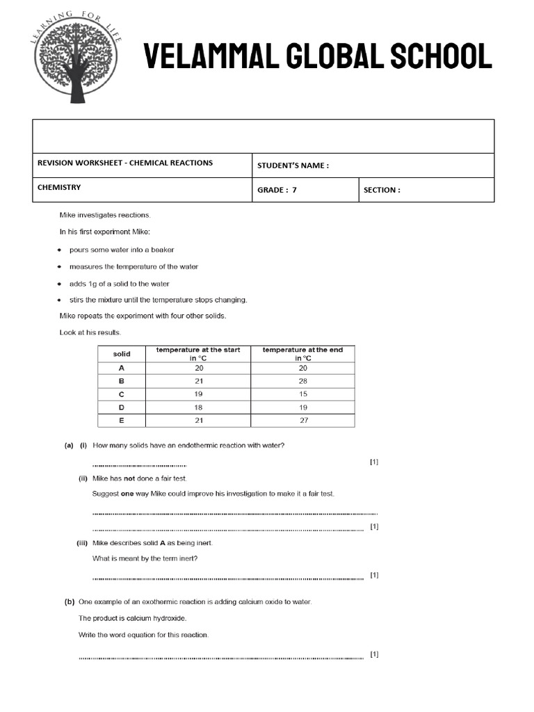G7 SA 2 Revision Worksheet - Chemical Reactions | PDF