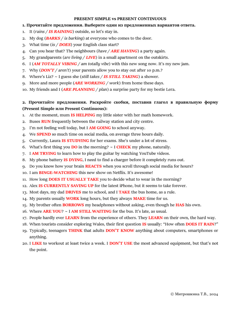 2.1) Present Simple - Present Continuous Keys | PDF