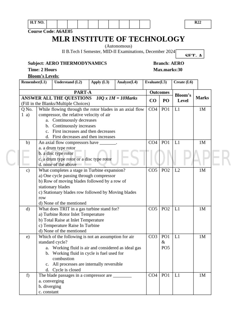 ATD CIE II Questions Paper Template (R22) | PDF | Turbine | Internal ...
