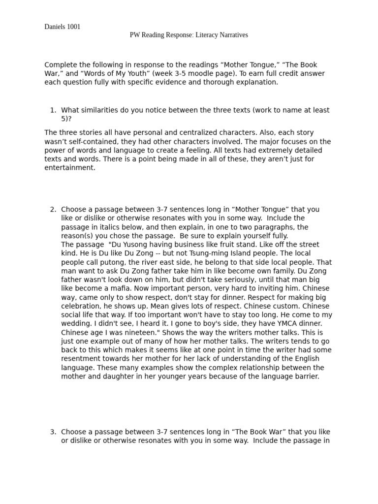 PW Reader Response Literacy Narratives Travis | PDF