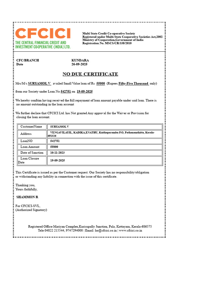 Loan Closure Confirmation Certificate | PDF