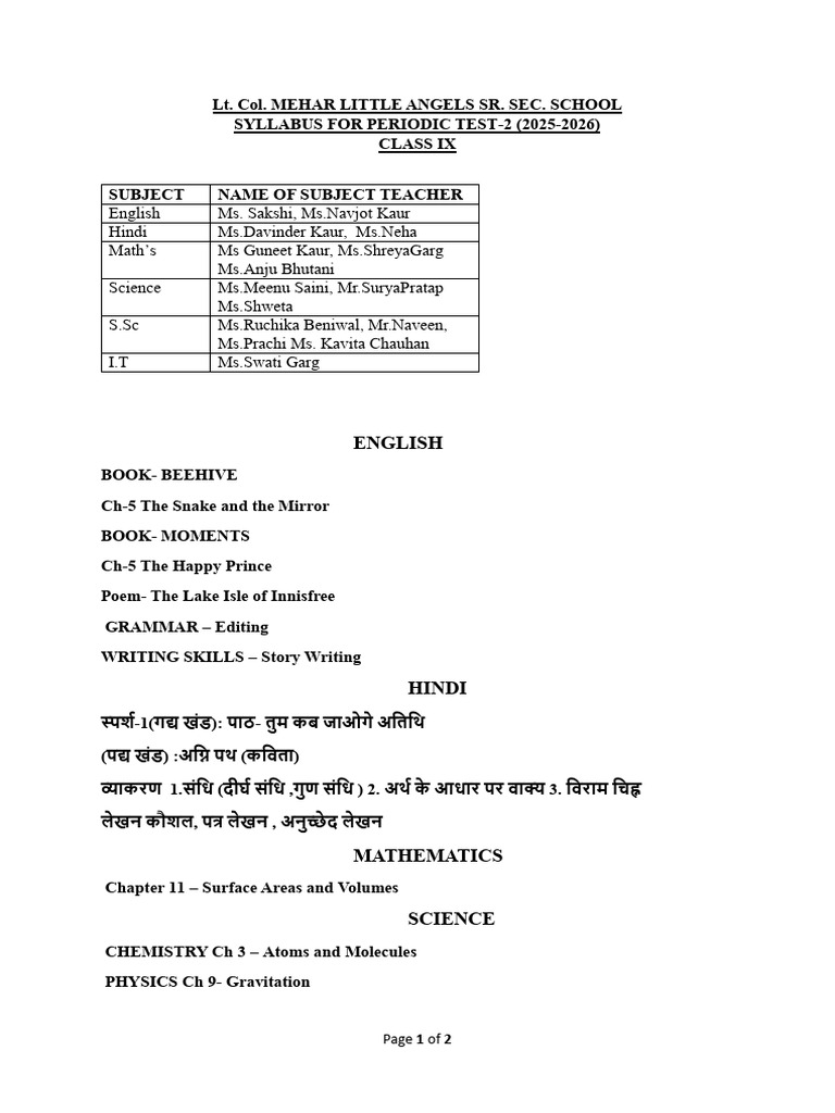 Class Ix Pt 2 Syllabus (2025-26) | PDF