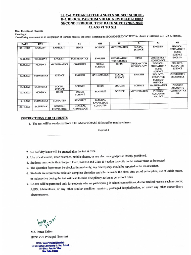 Second Periodic Test Date Sheet (Classes Vi to Xii) | PDF