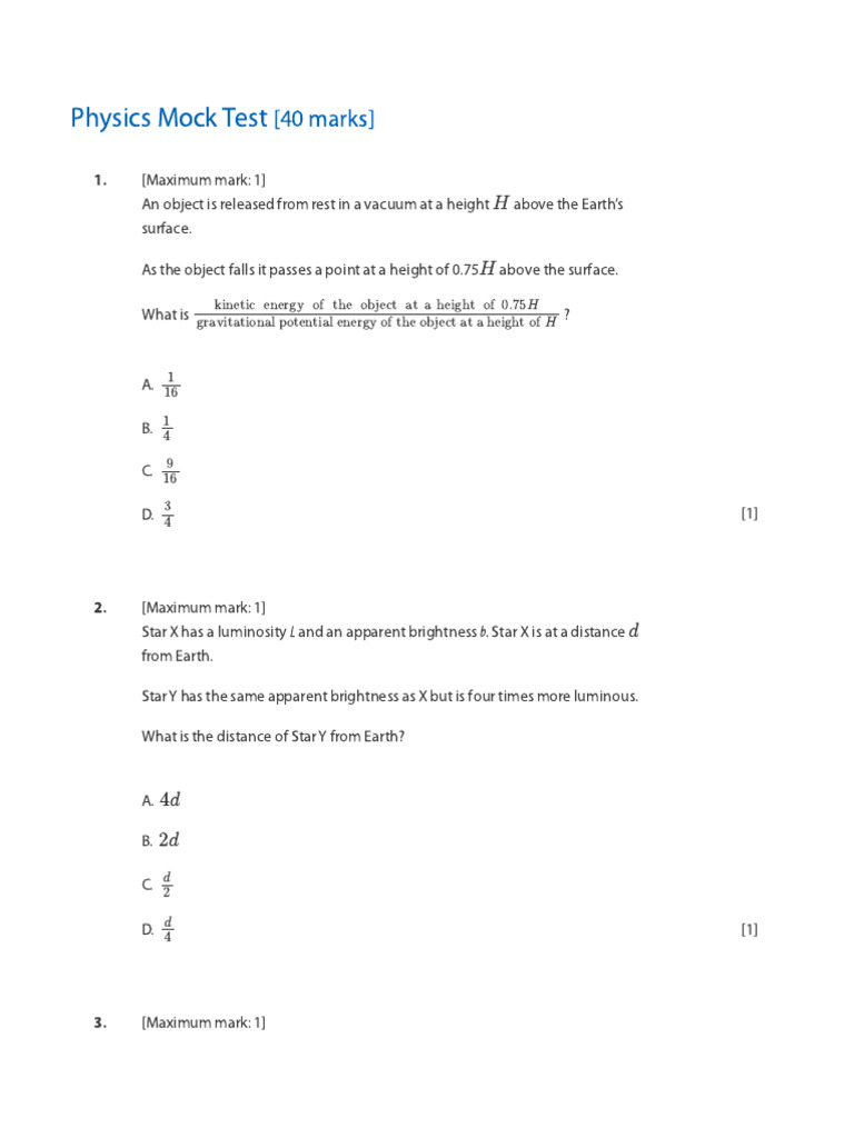 Physics Mock Test Questions and Answers | PDF | Rotation Around A Fixed ...