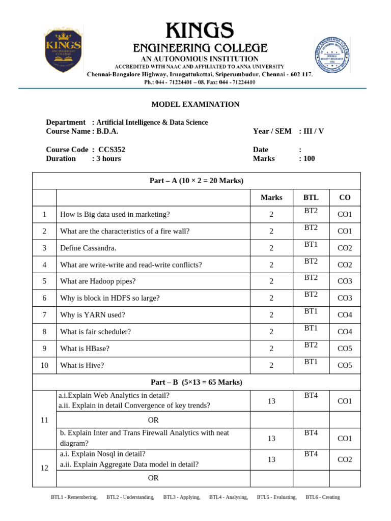 CCS334 Big Data Analytics Set1 QP | PDF | Apache Hadoop | Distributed ...