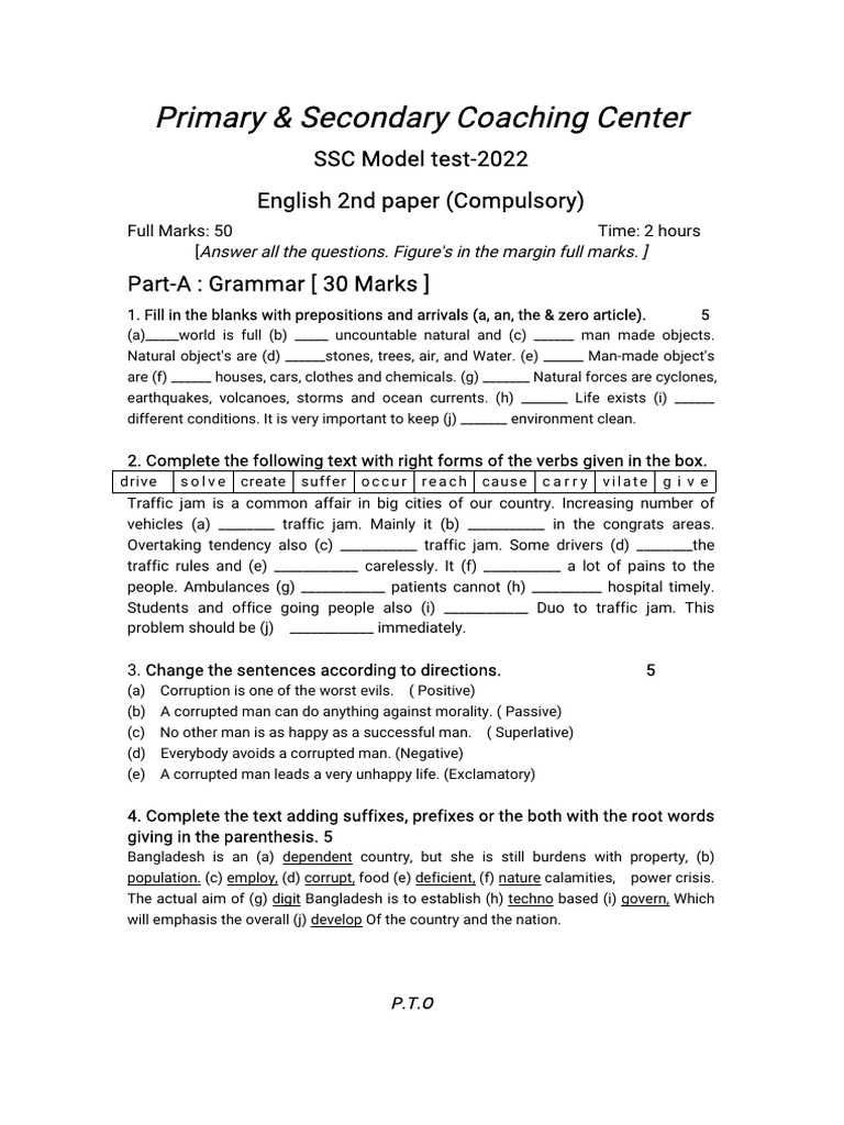 English 2nd Paper Model Test Exam 2022.pscc - Edu | PDF