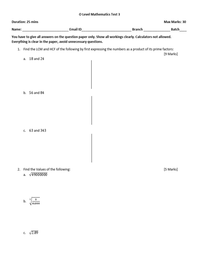 O Level Math Test 3: LCM, HCF, and Roots | PDF