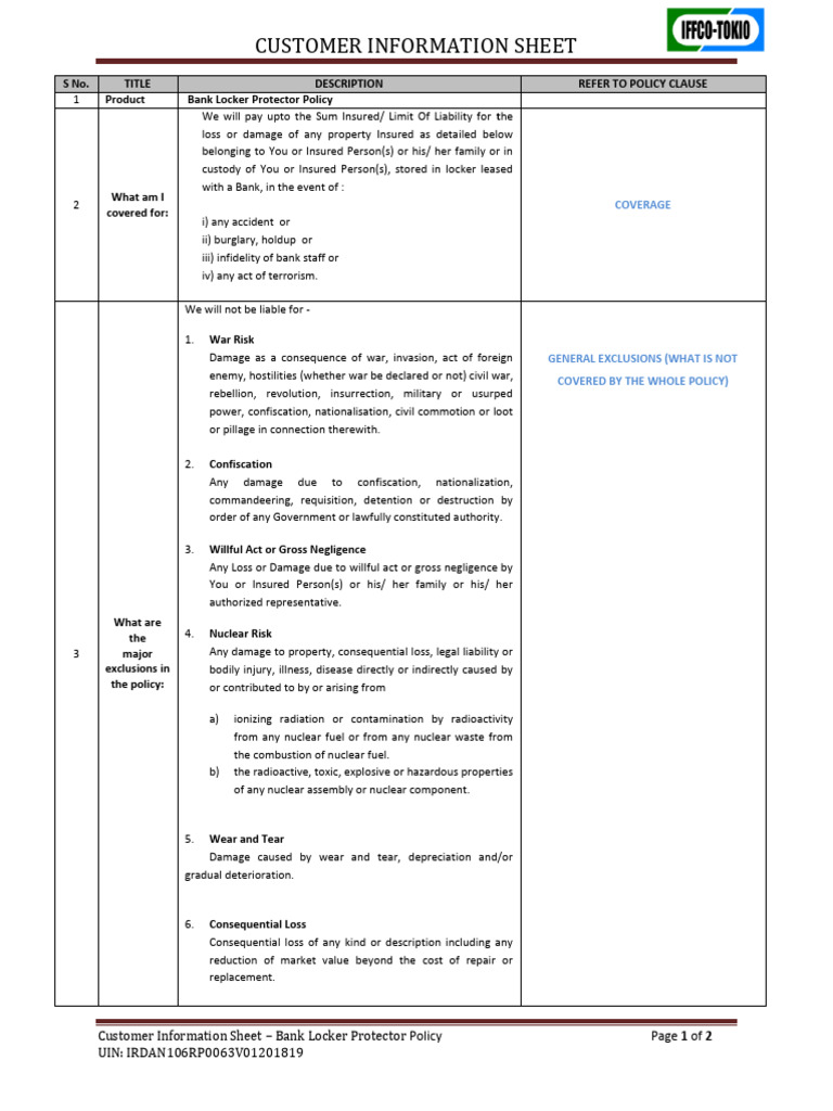 CIS - Bank Locker Protector - 0 | PDF | Insurance | Cost