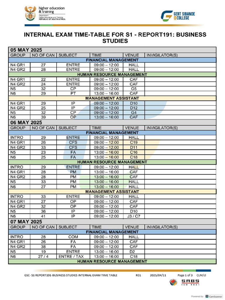 2025 Internal Exam Time-Table | PDF
