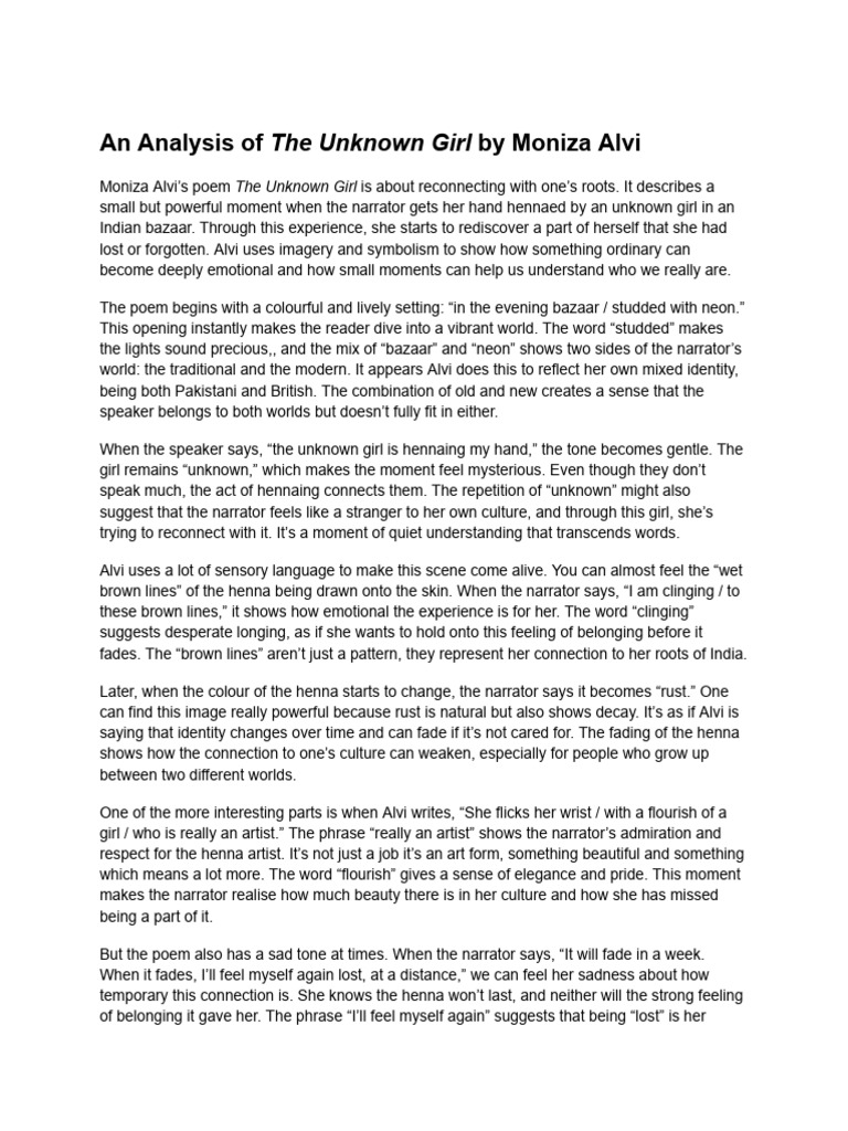 An Analysis of The Unknown Girl by Moniza Alvi | PDF | Feeling | Poetry