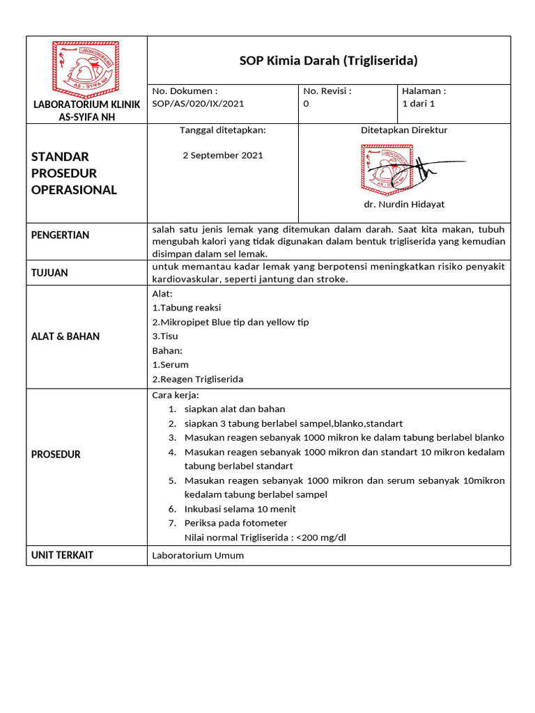 SOP Kimia Darah (Trigliserida) | PDF