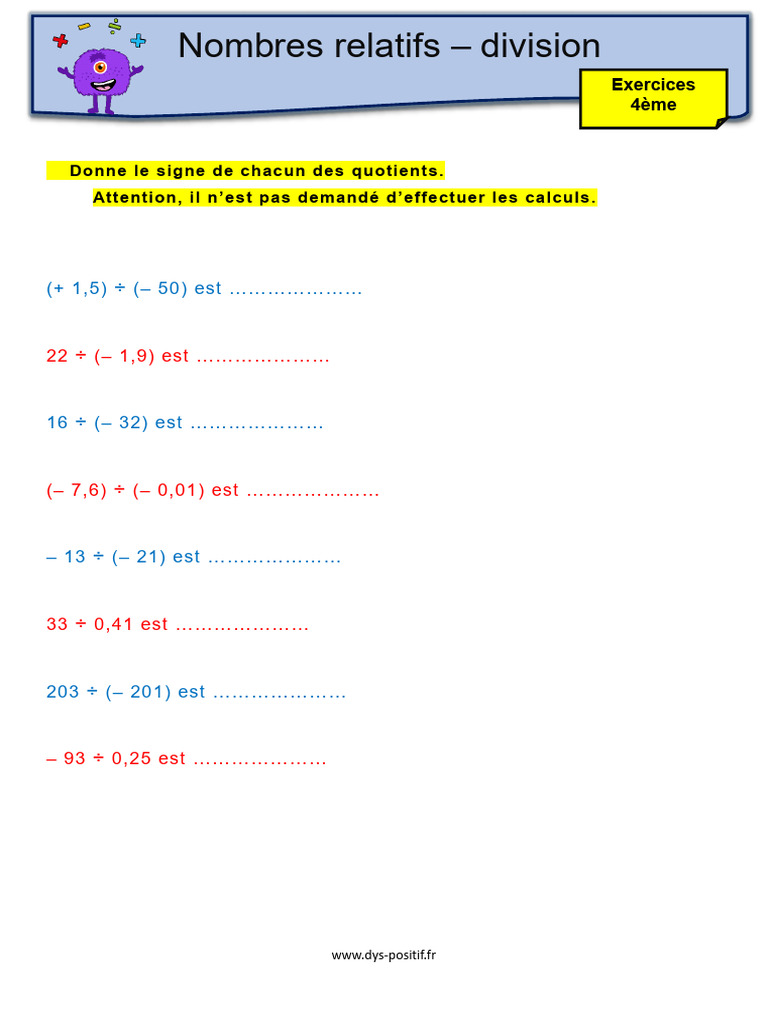 Exercices Division Relatifs | PDF
