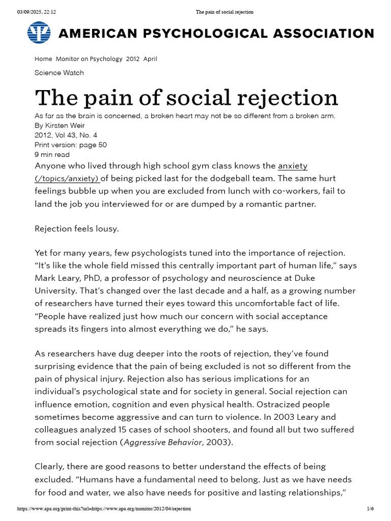 The Pain of Social Rejection | PDF | Pain | Psychology