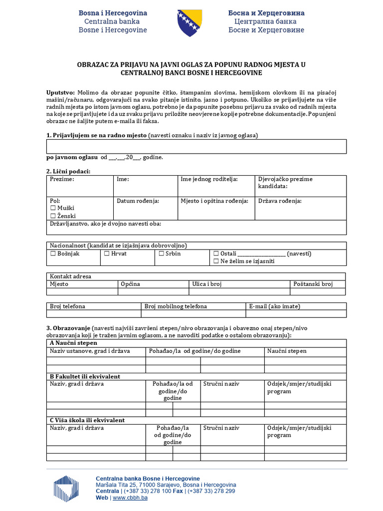 Obrazac Prijave Na Javni Oglas BS | PDF