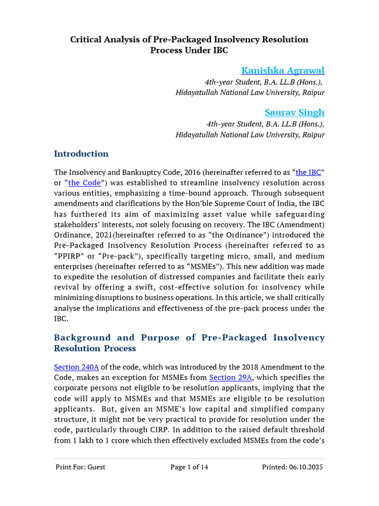 Critical Analysis of Pre Packaged Insolvency Resolution Process Under ...