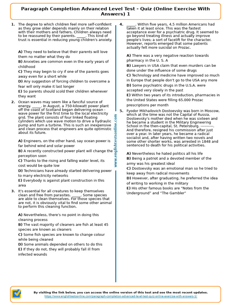 373 Paragraph Completion Advanced Level Test Quiz Online Exercise With ...