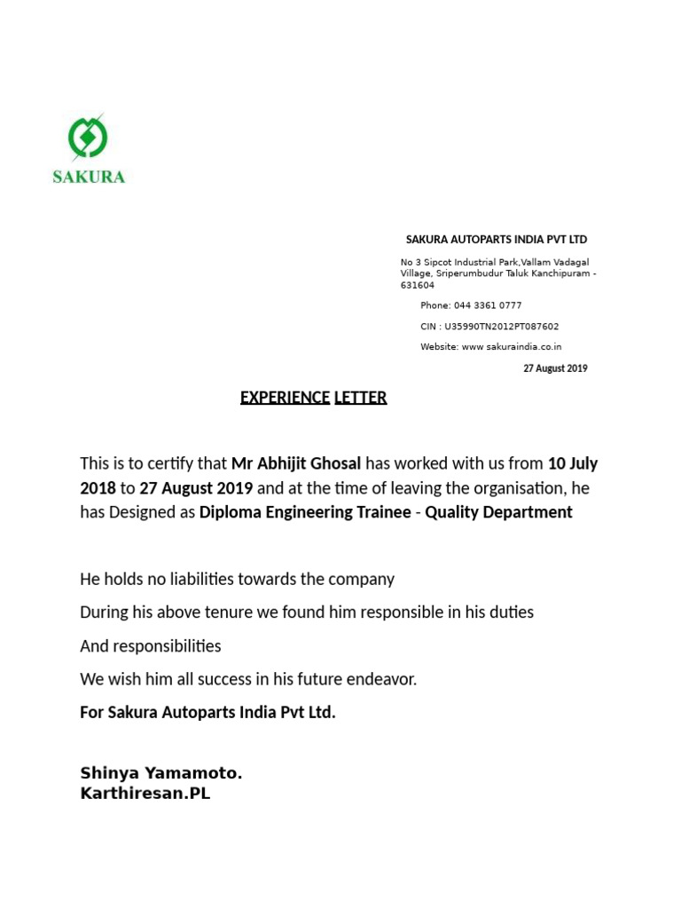 Experience Letter for Abhijit Ghosal | PDF