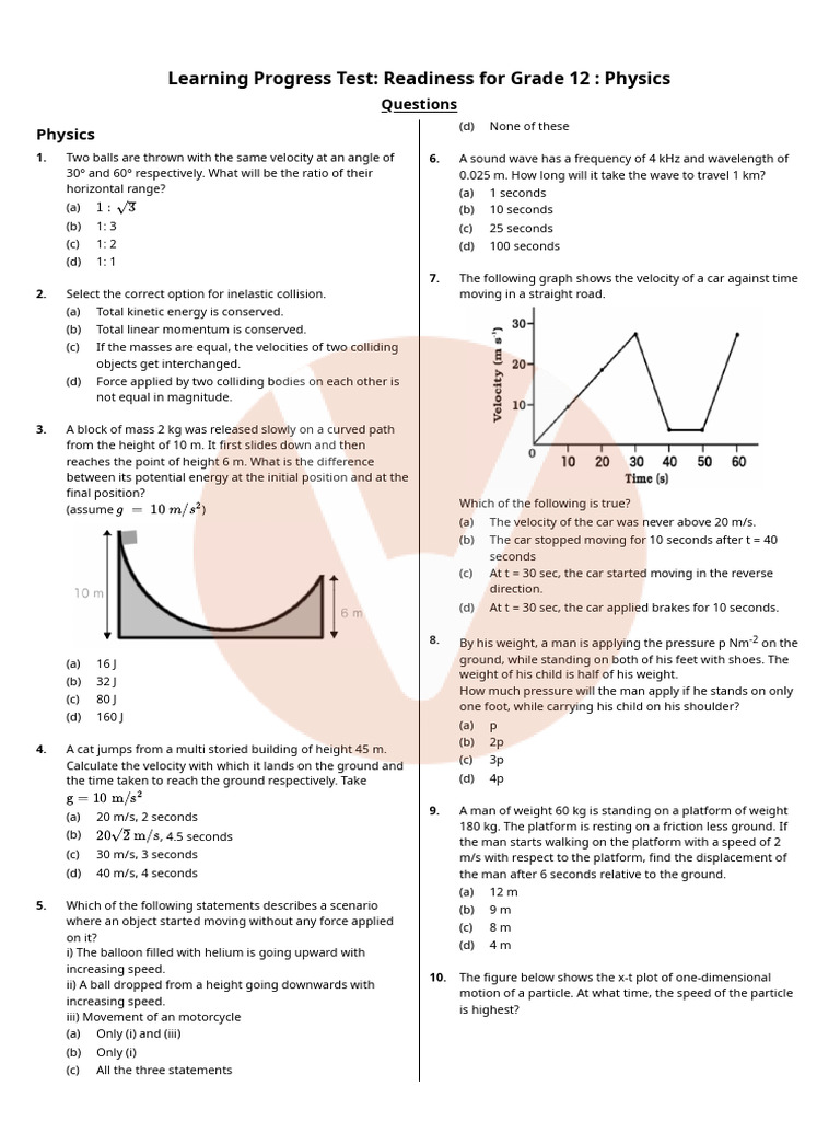 Learning Progress Test: Readiness For Grade 12: Physics | PDF ...