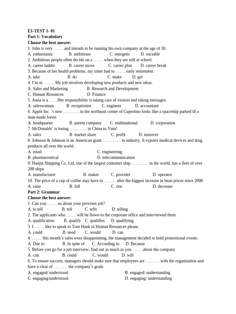 E1-TEST 1-01 Part 1: Vocabulary Choose The Best Answer | PDF