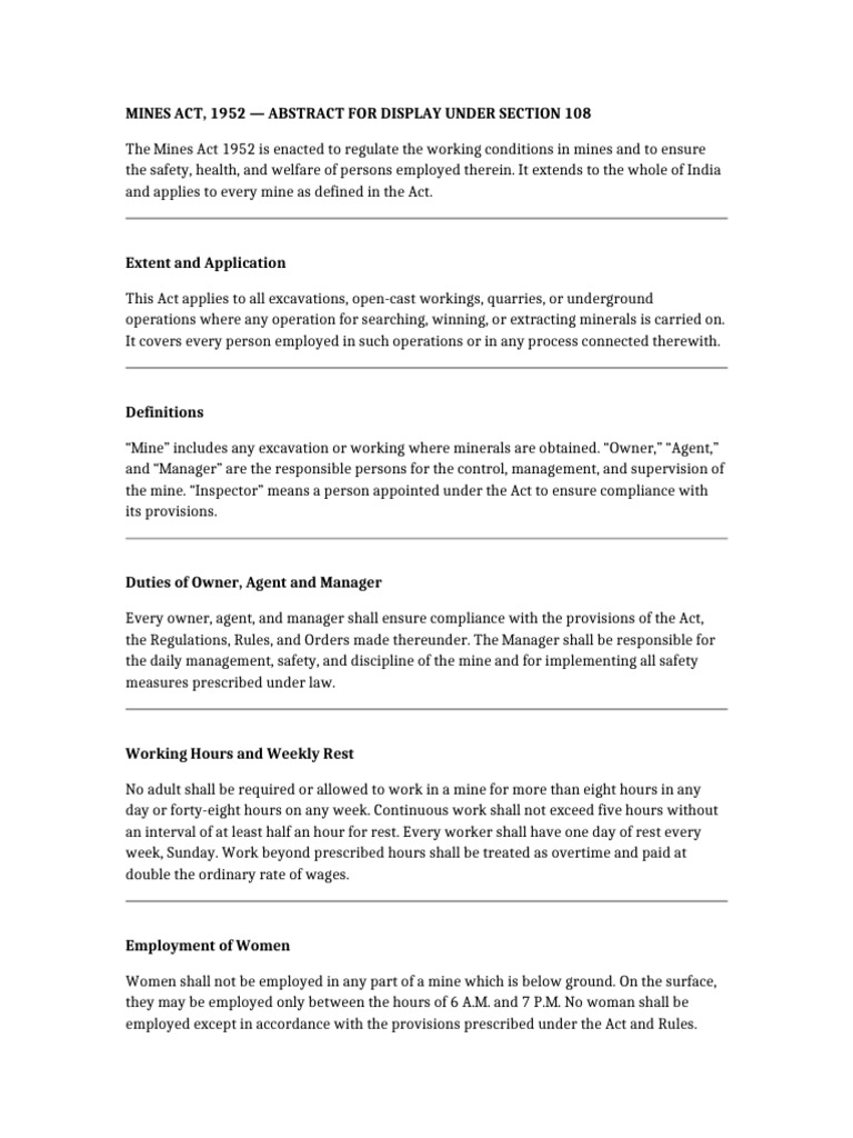 Mines Act 1952: Safety and Regulations | PDF | Mining | Overtime